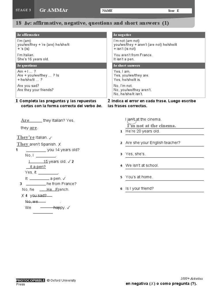 18 Be: Affirmative, Negative, Questions and Short Answers | PDF