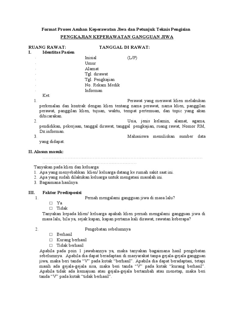 Format Proses Asuhan Keperawatan Jiwa Dan Petunjuk Teknis Pengisian | PDF | Pengembangan Diri ...