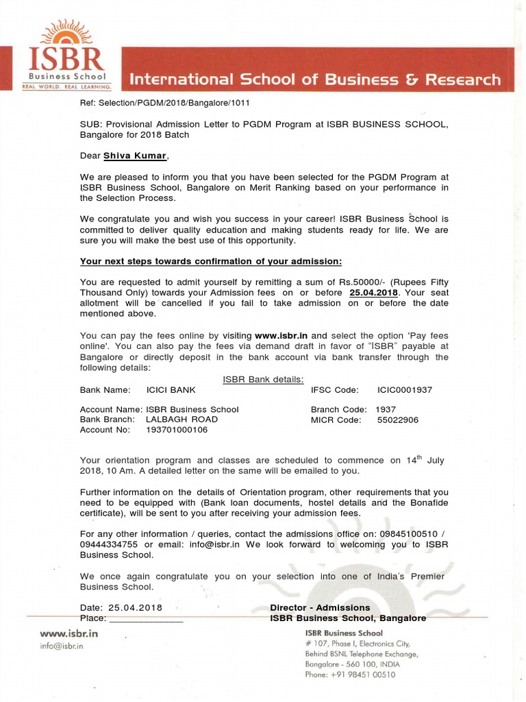 Selection Letter - 2018 PDF | PDF