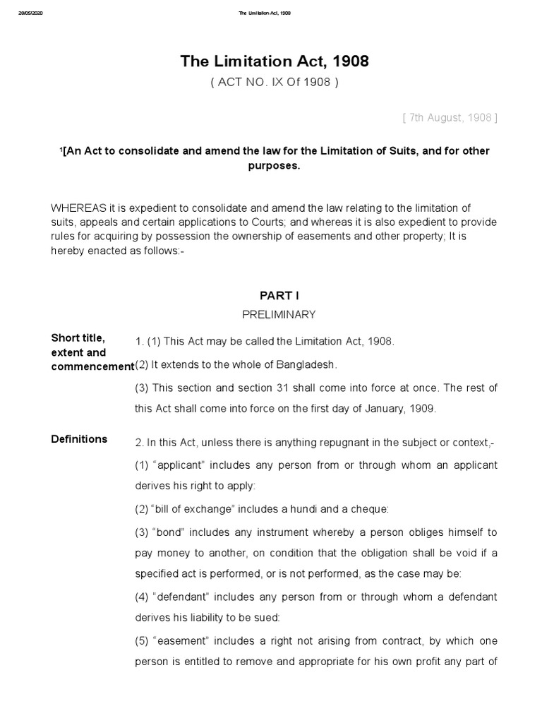 The Limitation Act, 1908: (ACT NO. IX of 1908) | PDF | Lawsuit | Easement