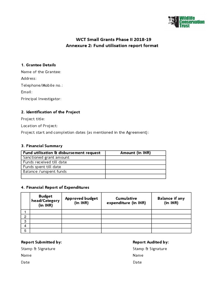 WCT Small Grants Annexure 2 Fund Utilisation Report Format | PDF