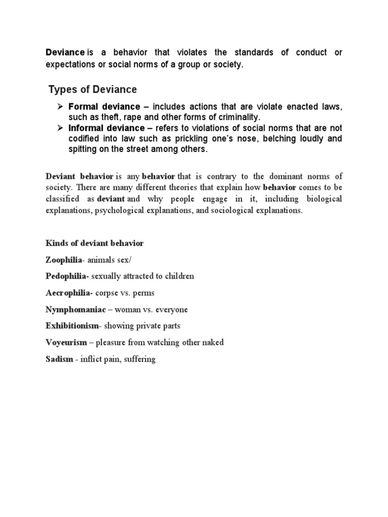 Types of Deviance: Expectations or Social Norms of A Group or Society | PDF