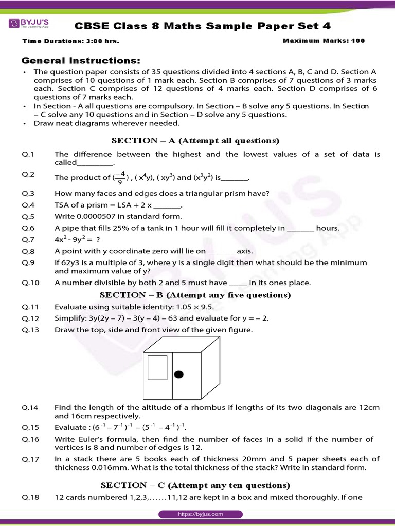 CBSE Class 8 Maths Sample Paper Set 4 PDF | PDF | Area | Geometry