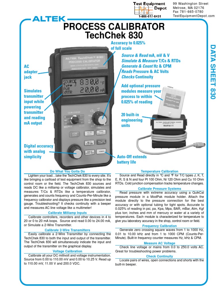 Process Calibrator Techchek 830: Altek | PDF | Thermocouple | Power Supply