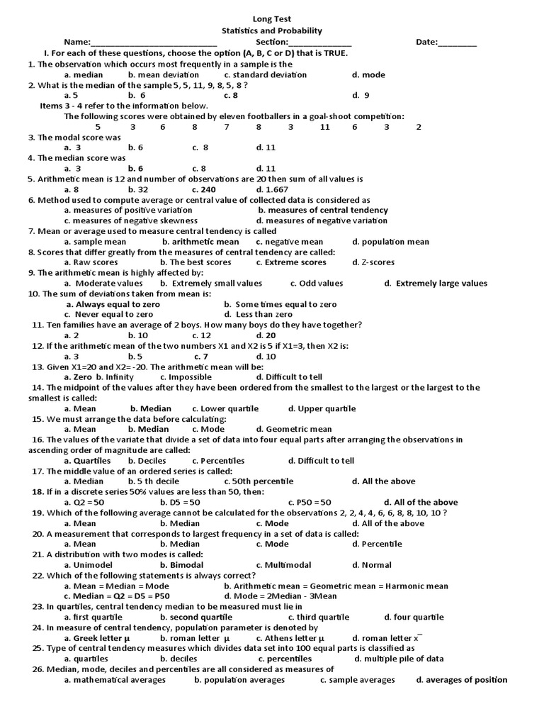 Long Test | PDF | Mean | Variance