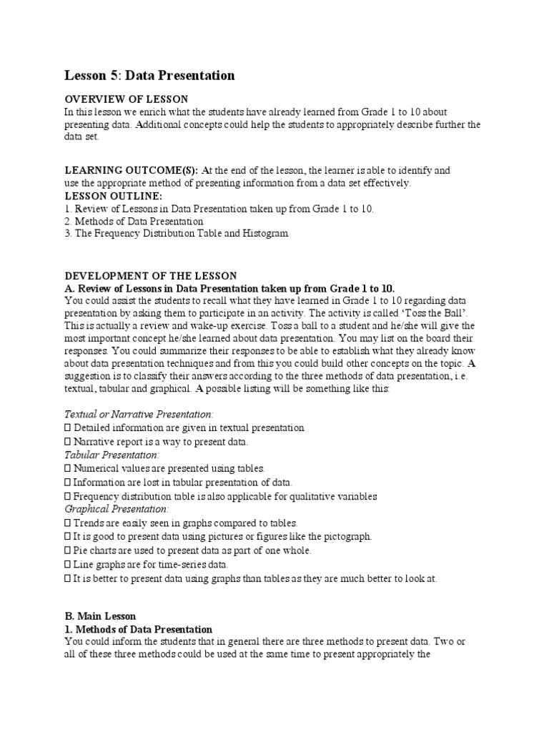 Lesson 5: Data Presentation: Textual or Narrative Presentation | PDF ...