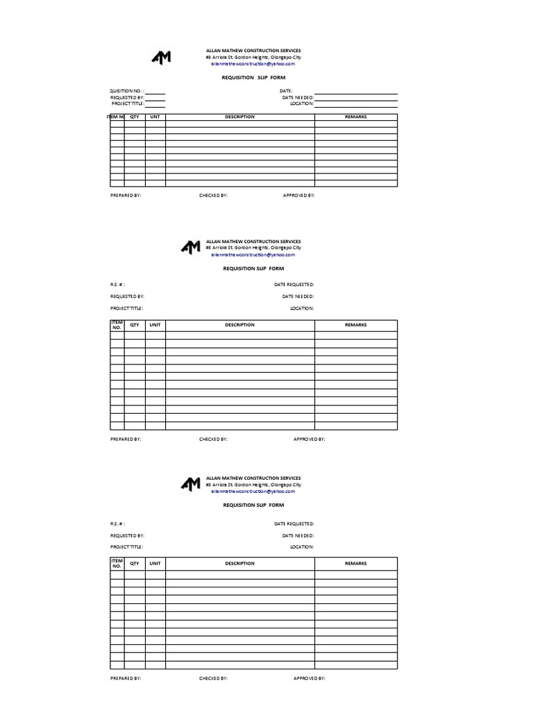 Allan Mathew Construction Services: Requisition Slip Form | PDF