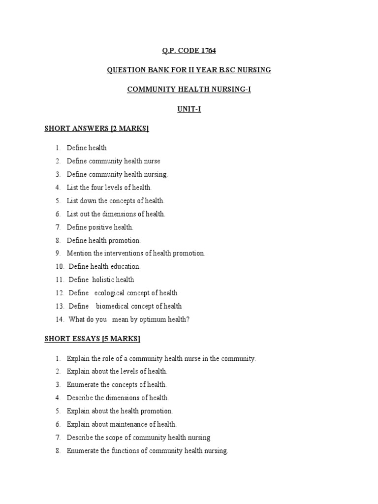 Q.P. CODE 1764 Question Bank For Ii Year B.SC Nursing Community Health ...