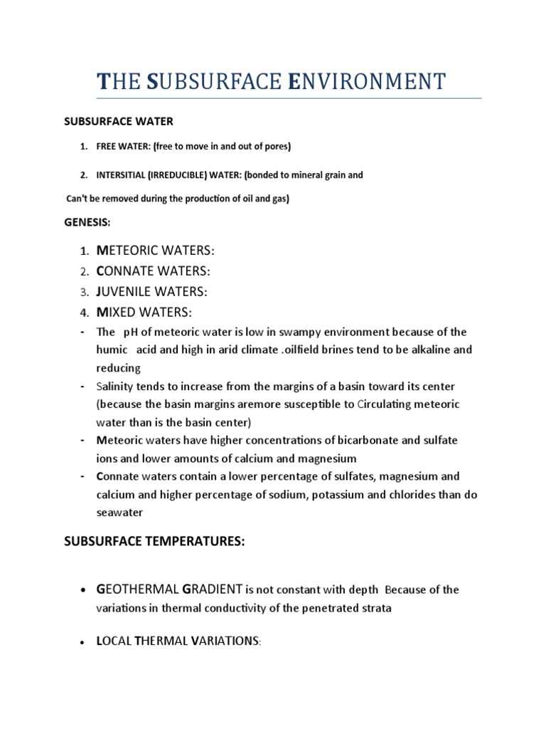 The Subsurface Environment: Meteoric Waters Connate Waters Juvenile ...