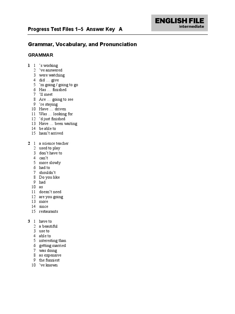 Progress Test Files 1 5 Answer Key A. Grammar, Vocabulary, and ...