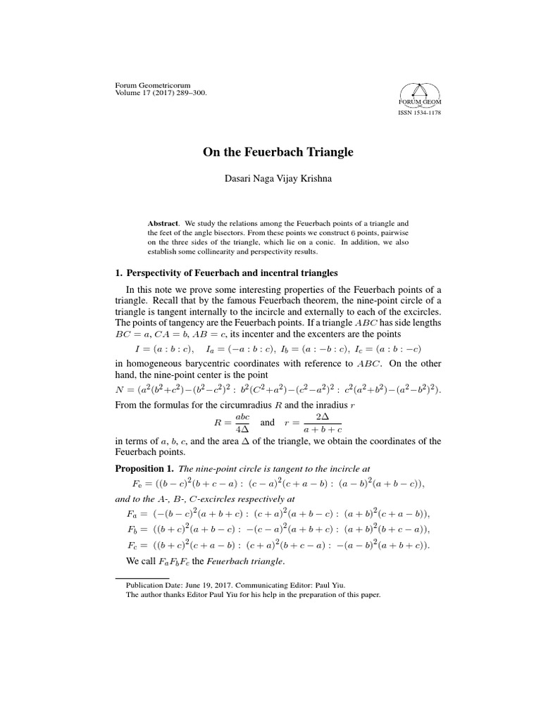 On The Feuerbach Triangle: 1. Perspectivity of Feuerbach and Incentral ...