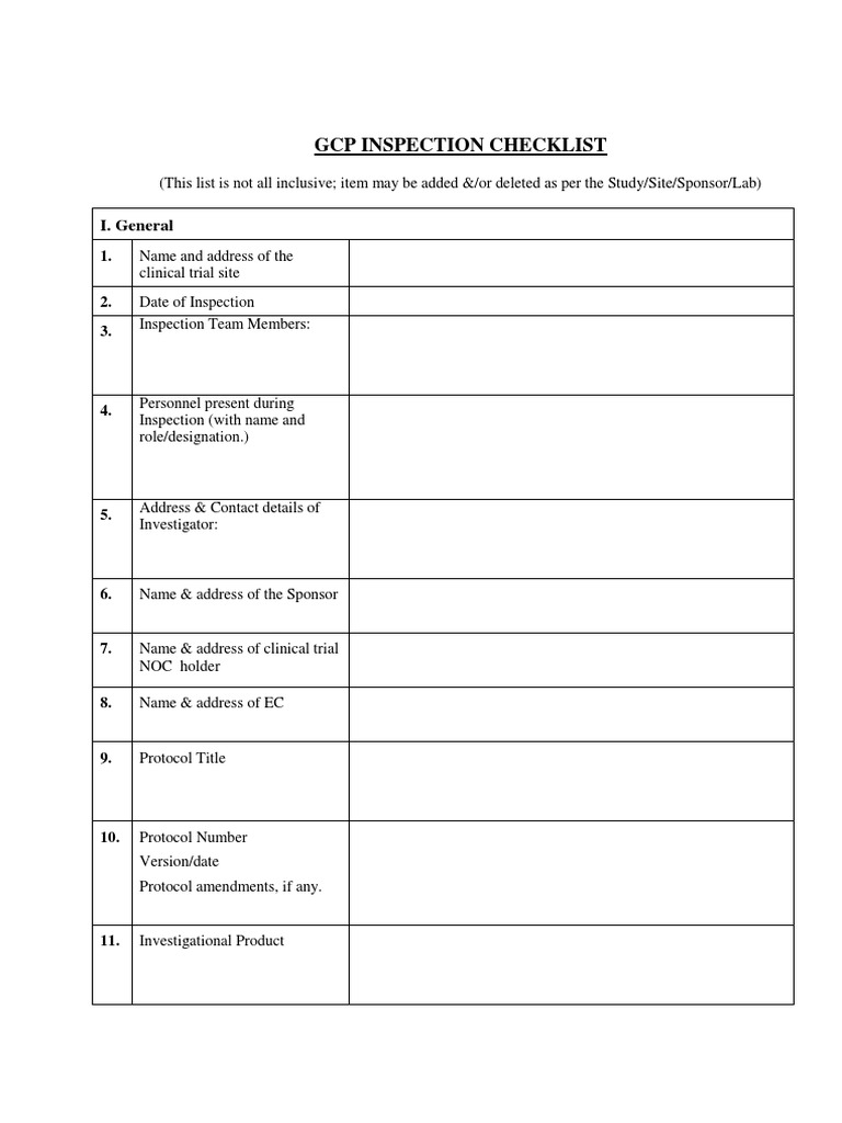 Gcp Inspection Checklist I General Pdf Clinical Trial Informed