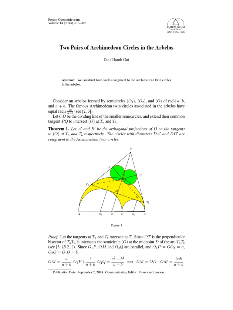 Two Pairs of Archimedean Circles in The Arbelos | PDF | Perpendicular ...
