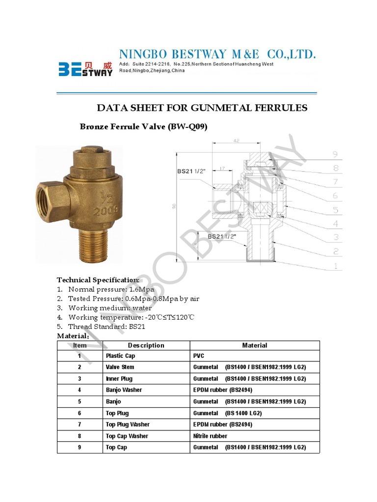Data Sheet of Bronze Ferrule Valves | PDF