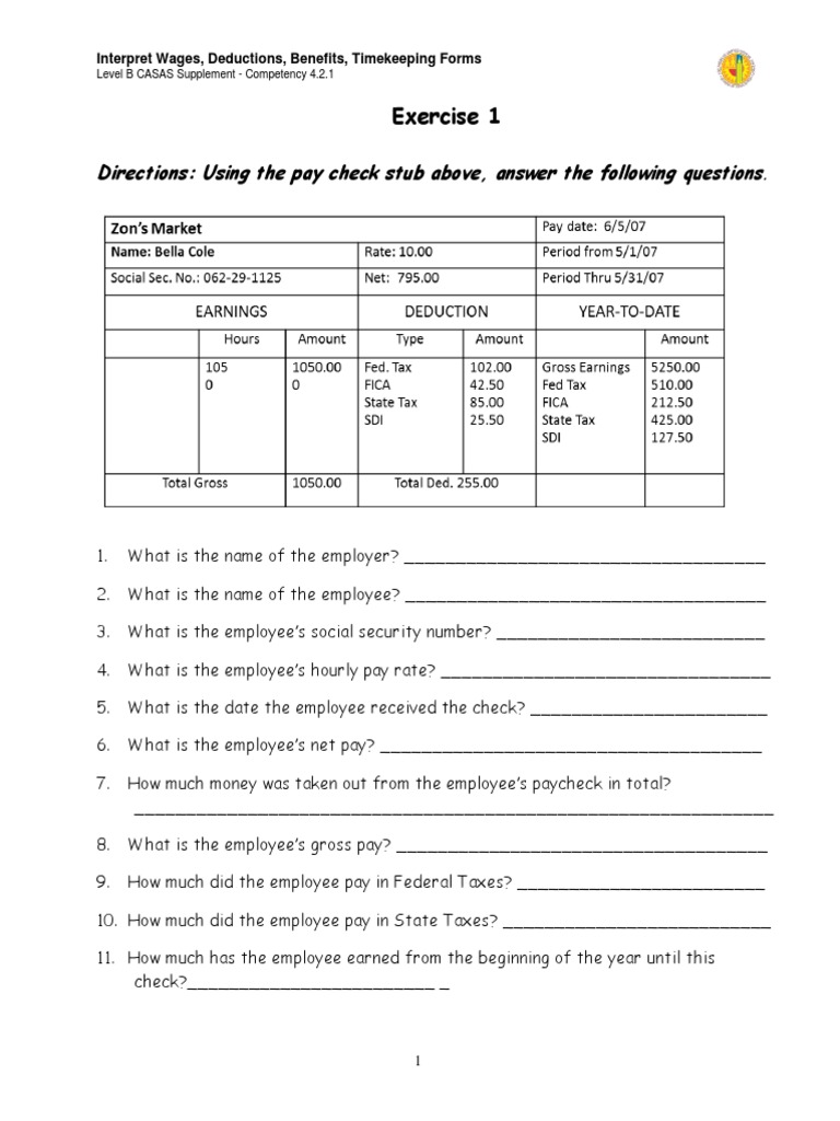 Worksheets - B - 4.2.1 Wages Deductions Benefits Timekeeping Forms ...