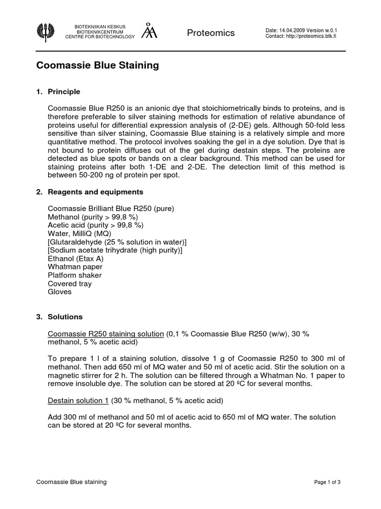 Coomassie Blue Staining: Proteomics | PDF | Biotechnology | Chemistry