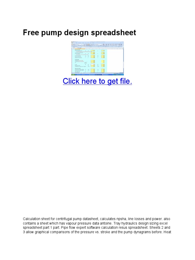 Free Pump Design Spreadsheet | PDF | Pump | Spreadsheet