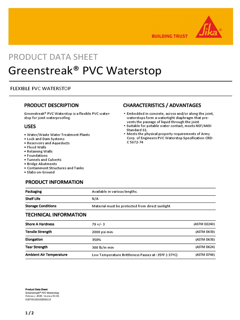 Greenstreak® PVC Waterstop: Product Data Sheet | PDF | Polyvinyl ...