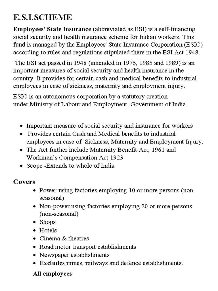 E.S.I.Scheme: Employees' State Insurance (Abbreviated As ESI) Is A Self ...