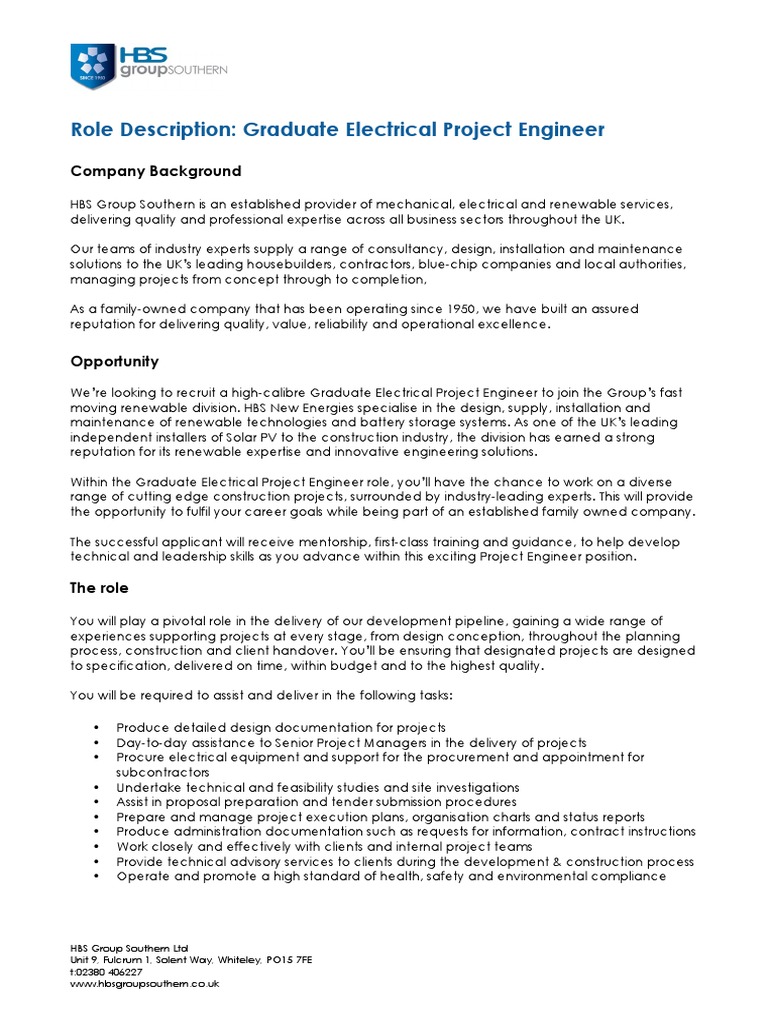 Role Description: Graduate Electrical Project Engineer: Company ...