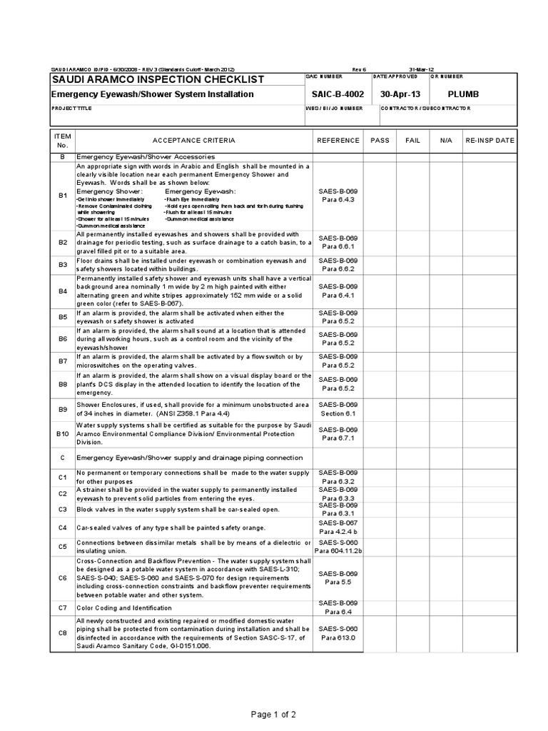 Saudi Aramco Inspection Checklist: Emergency Eyewash/Shower System ...