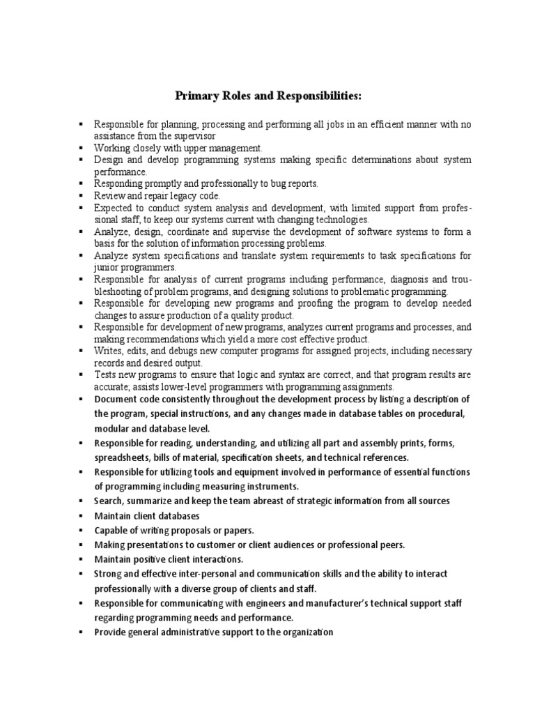 Primary Roles and Responsibilities | PDF | Programmer | Computer ...