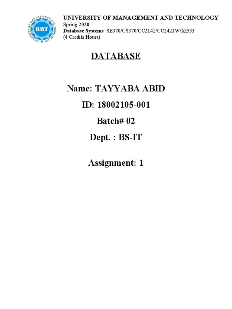 UMT Database Systems Assignment 1 | PDF