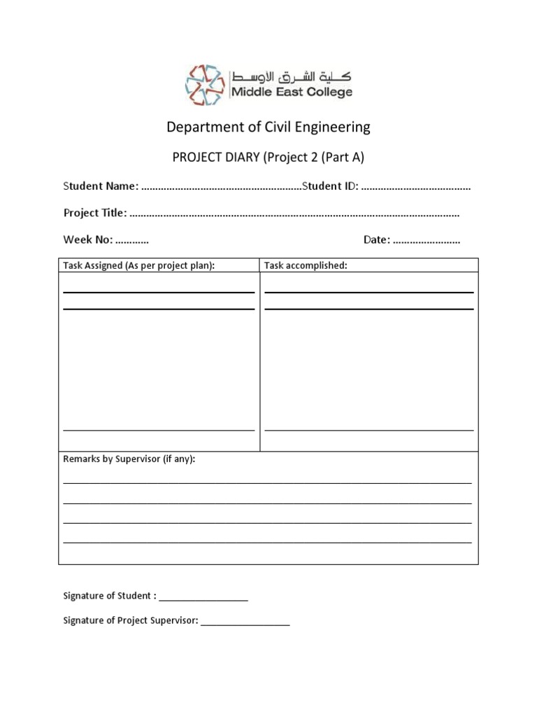 Department of Civil Engineering: PROJECT DIARY (Project 2 (Part A) | PDF