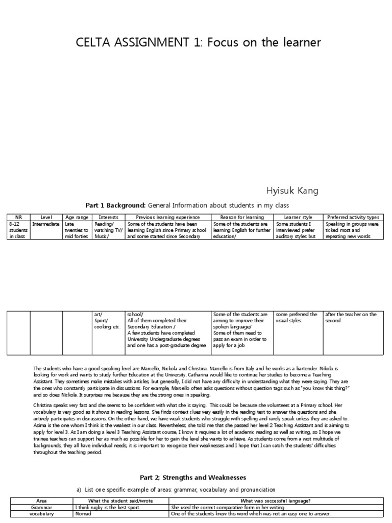 CELTA ASSIGNMENT 1: Focus On The Learner: Hyisuk Kang | PDF ...
