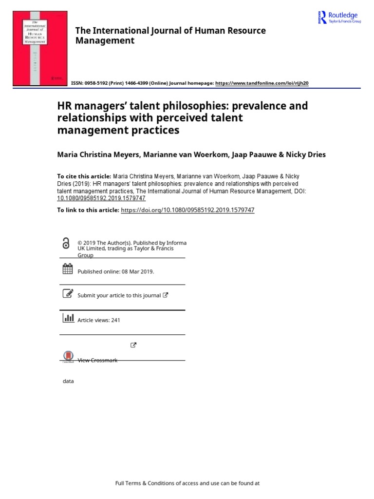 HR Managers' Talent Philosophies: Prevalence and Relationships With Perceived Talent Management ...