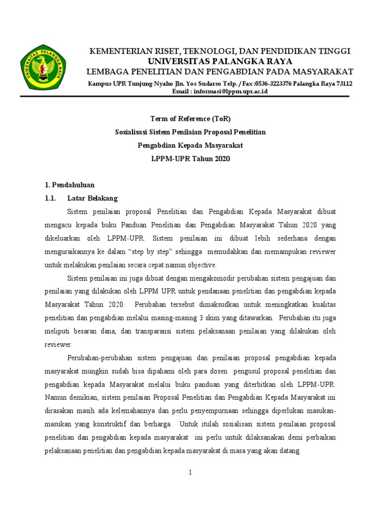 ToR Sosialisasi Sistem Penilaian Proposal Penelitian Dan Abdimas LPPM Tahun 2020 | PDF