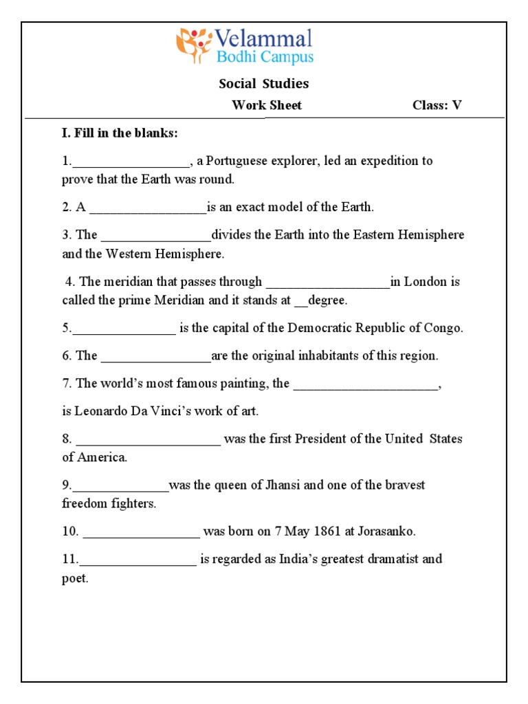Social Studies Work Sheet Class: V I. Fill in The Blanks | PDF