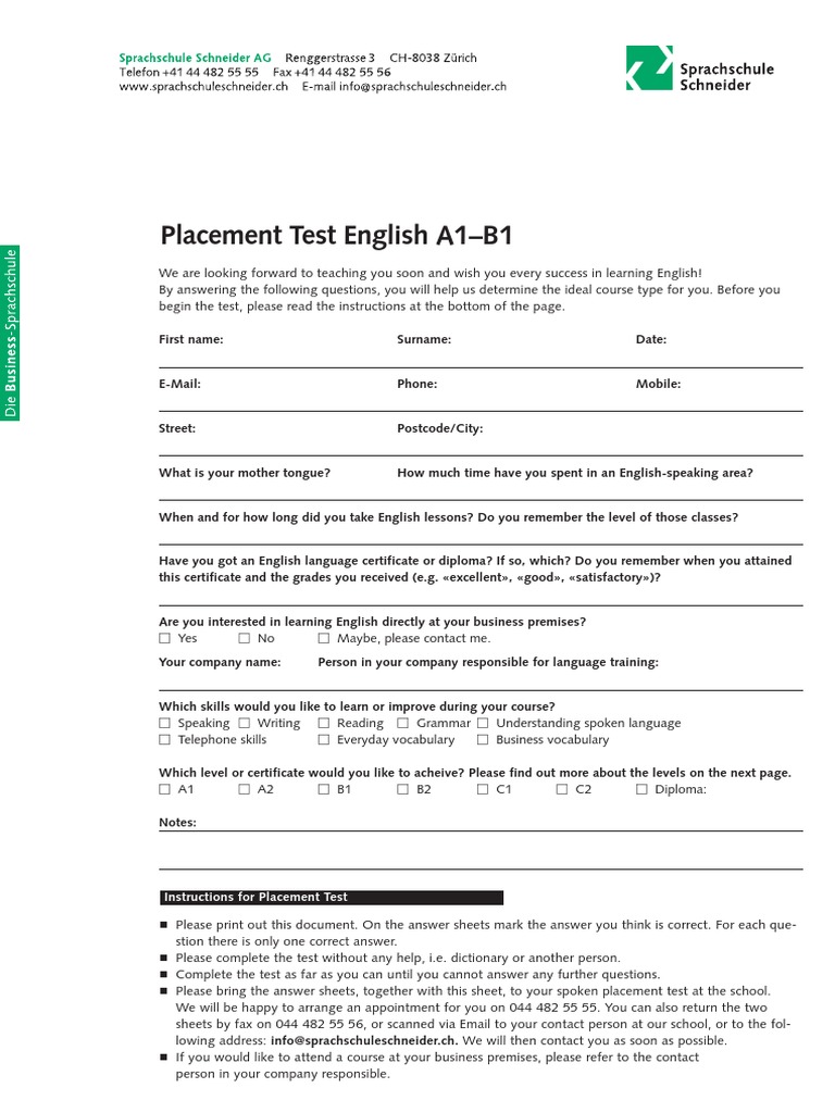 Assessing English Language Levels: A Placement Test for Determining the ...