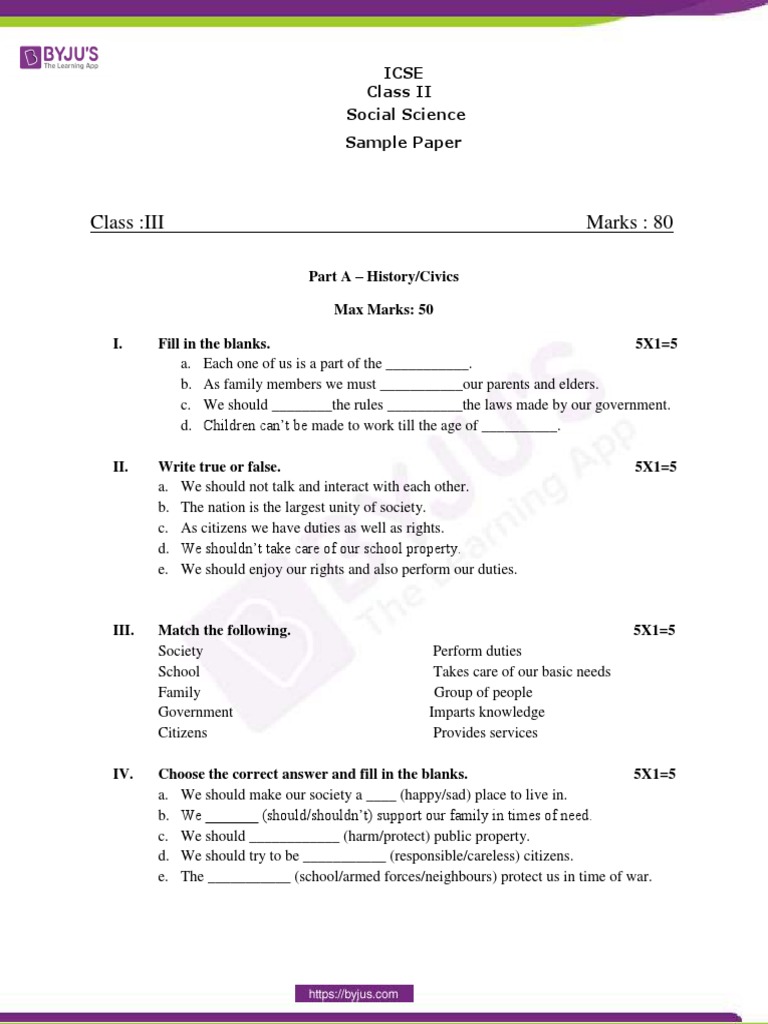 Class 3 ICSE Social Studies Sample Paper | PDF | Social Institutions ...
