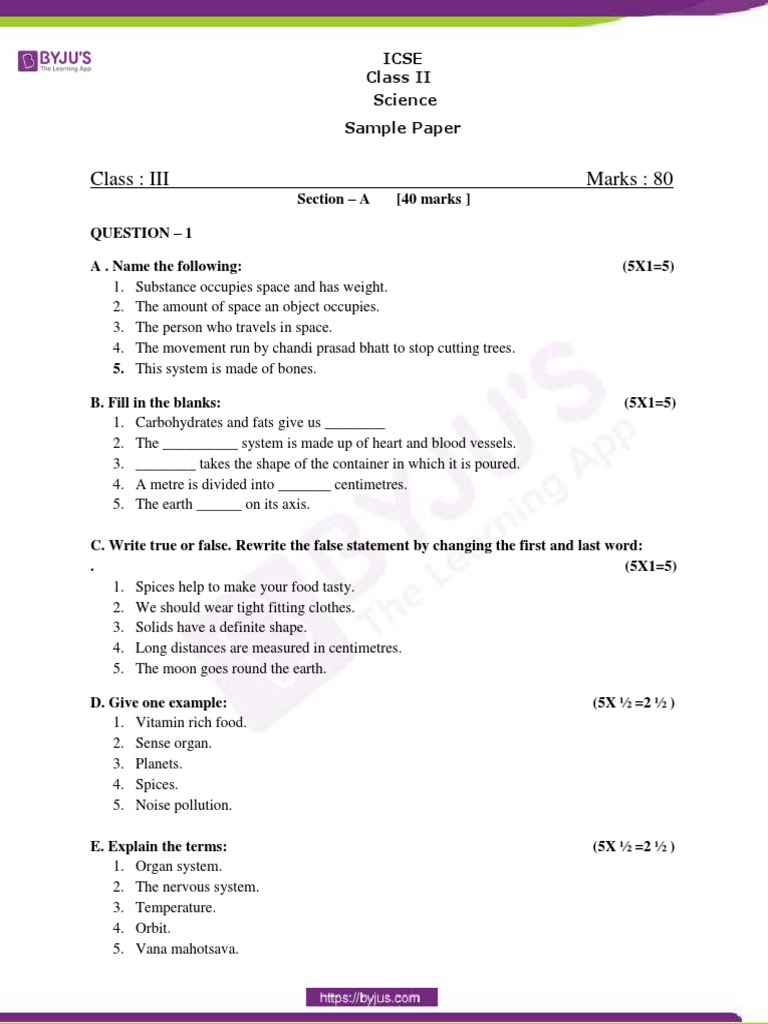 ICSE Class 3 Science Sample Paper | PDF | Planets | Solar System