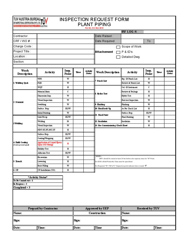 Inspection Request Form Plant Piping | PDF | Business Process ...