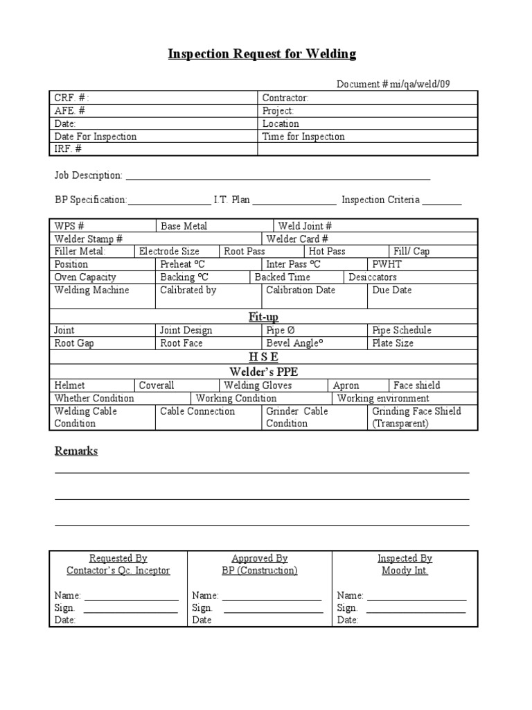 Inspection Request For Welding | PDF | Technology & Engineering