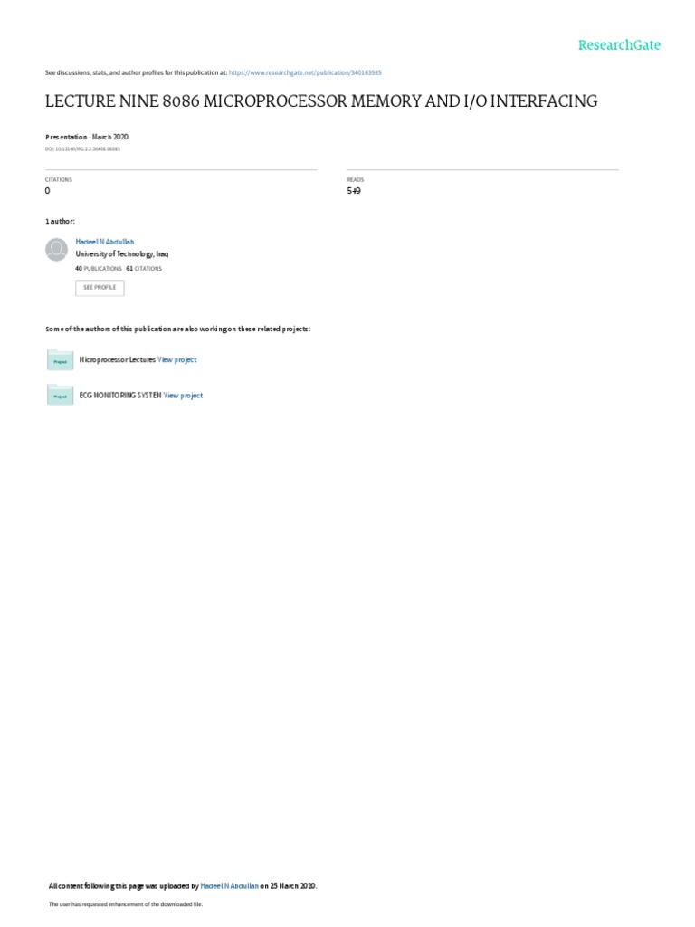 Lecture Nine 8086 Microprocessor Memory and I/O Interfacing: March 2020 ...