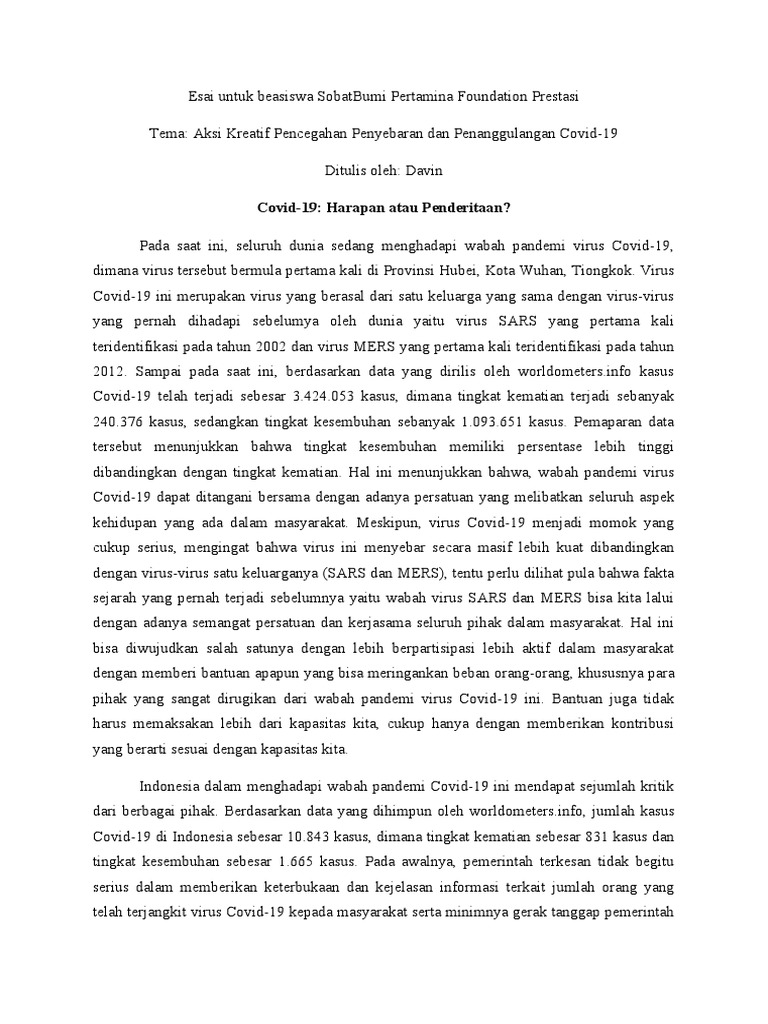 Esai Untuk Beasiswa SobatBumi Pertamina Foundation Prestasi | PDF