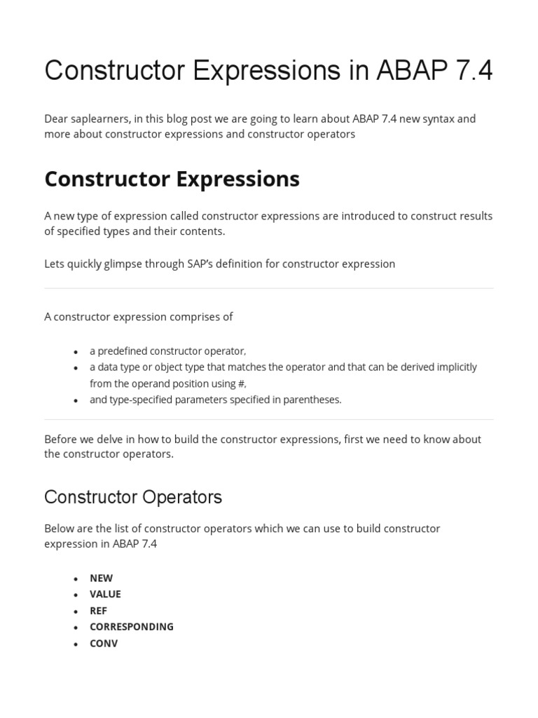 Constructor Expressions in ABAP 7.40 | PDF | Constructor (Object ...