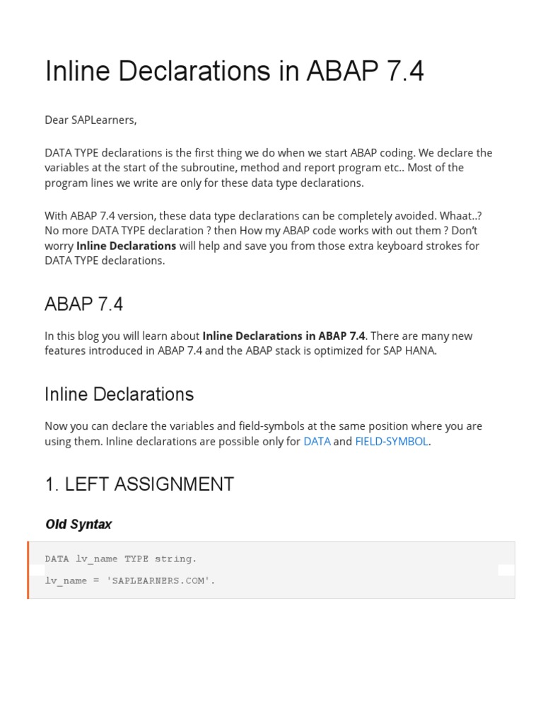 Inline Declarations in ABAP 7.40 | PDF | Computer Programming ... Inline Declarations in ABAP 7.40 | PDF | Computer Programming ...