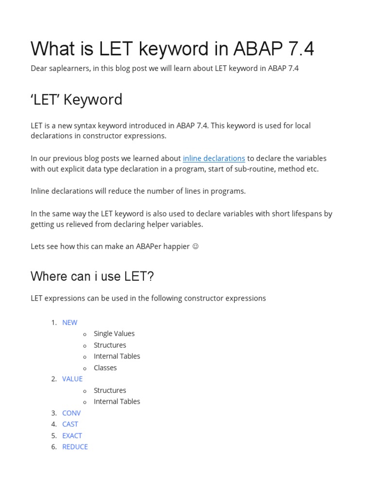What Is LET Keyword in ABAP 7.40 | PDF What Is LET Keyword in ABAP 7.40 | PDF