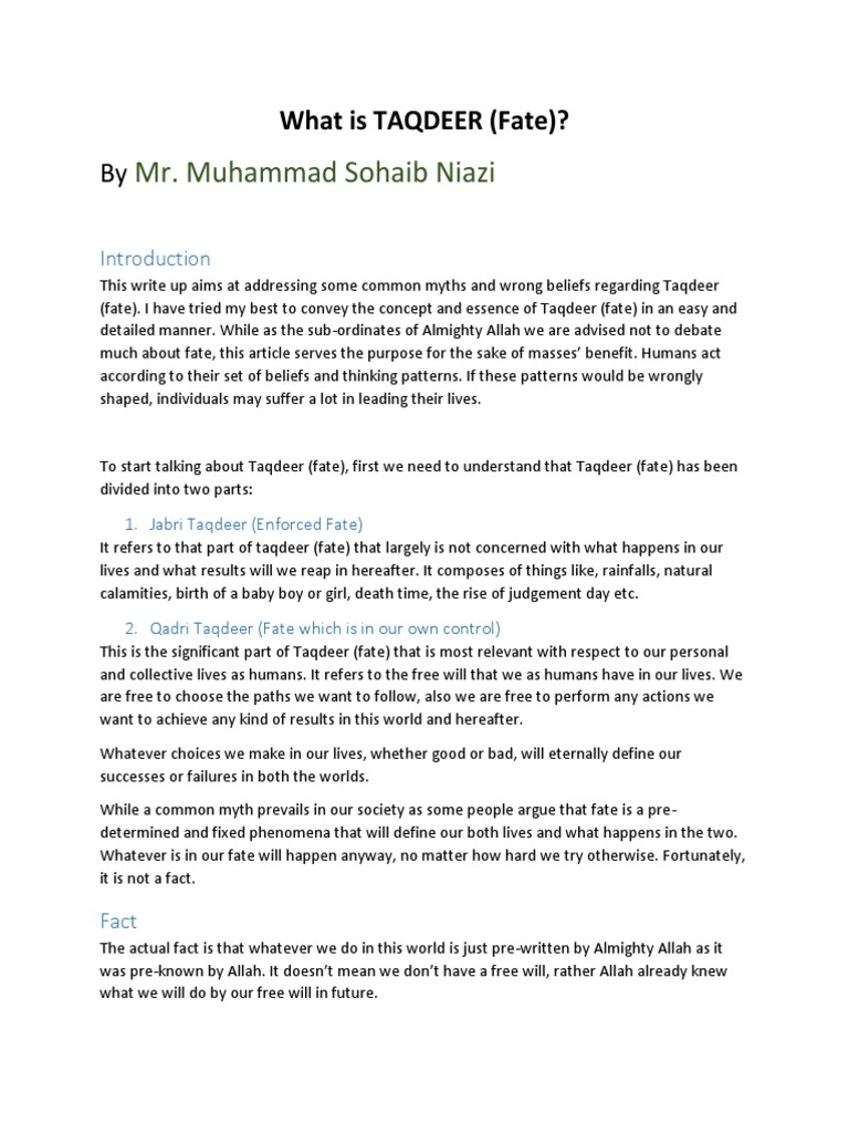 Mr. Muhammad Sohaib Niazi: What Is TAQDEER (Fate) ? | PDF | Free Will ...
