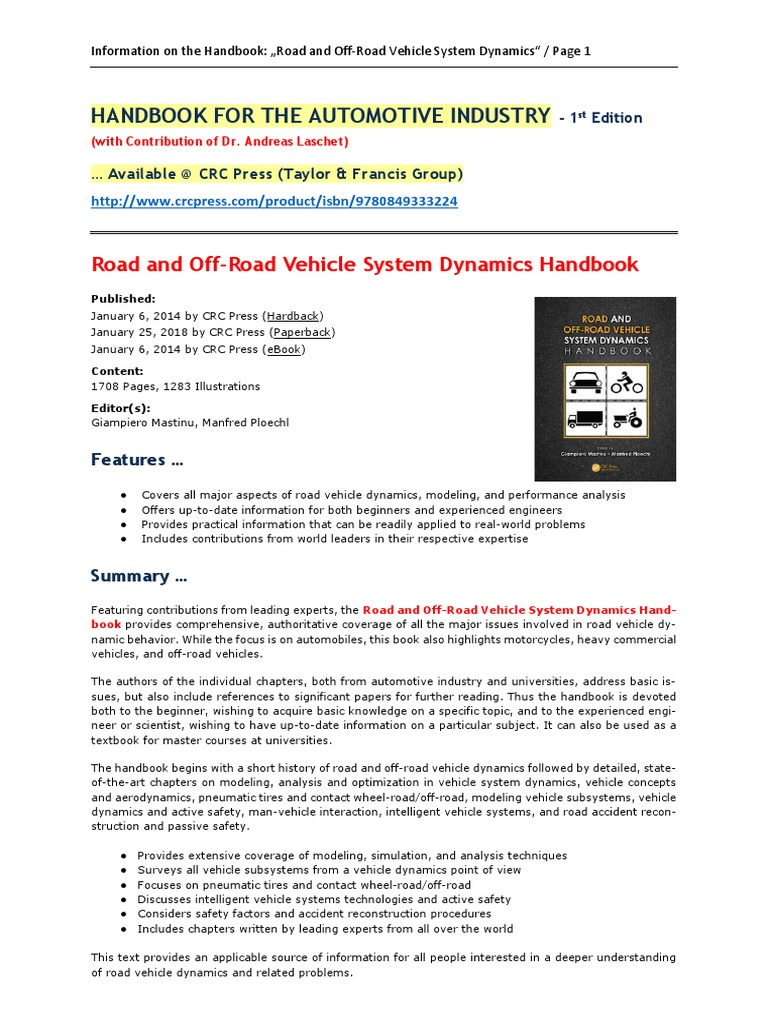Handbook - Vehicle System Dynamics 2014 | PDF | Expert | Vehicles