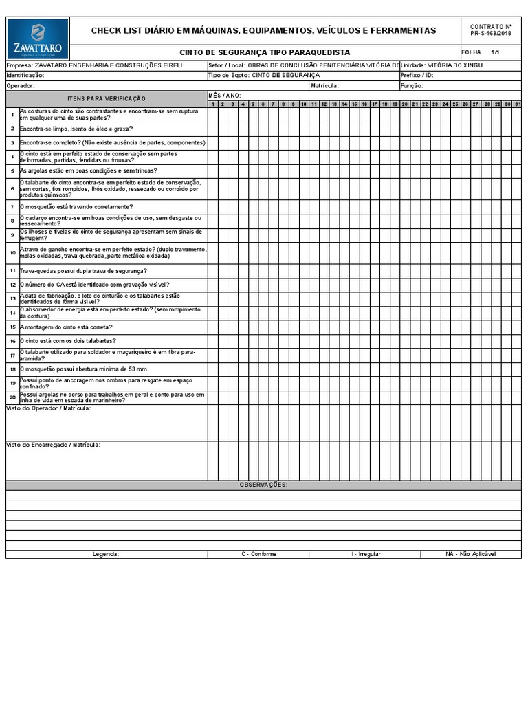 Check List Diário Em Máquinas, Equipamentos, Veículos E Ferramentas ...