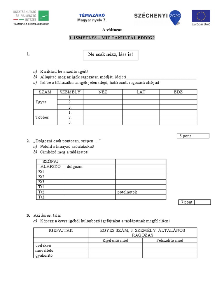 Magyar Nyelv 7 - 01 Fejezet AB Témazáró | PDF