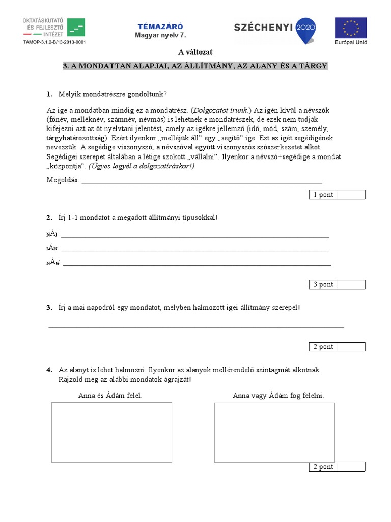 Magyar Nyelv 7 - 03 Fejezet AB Témazáró | PDF