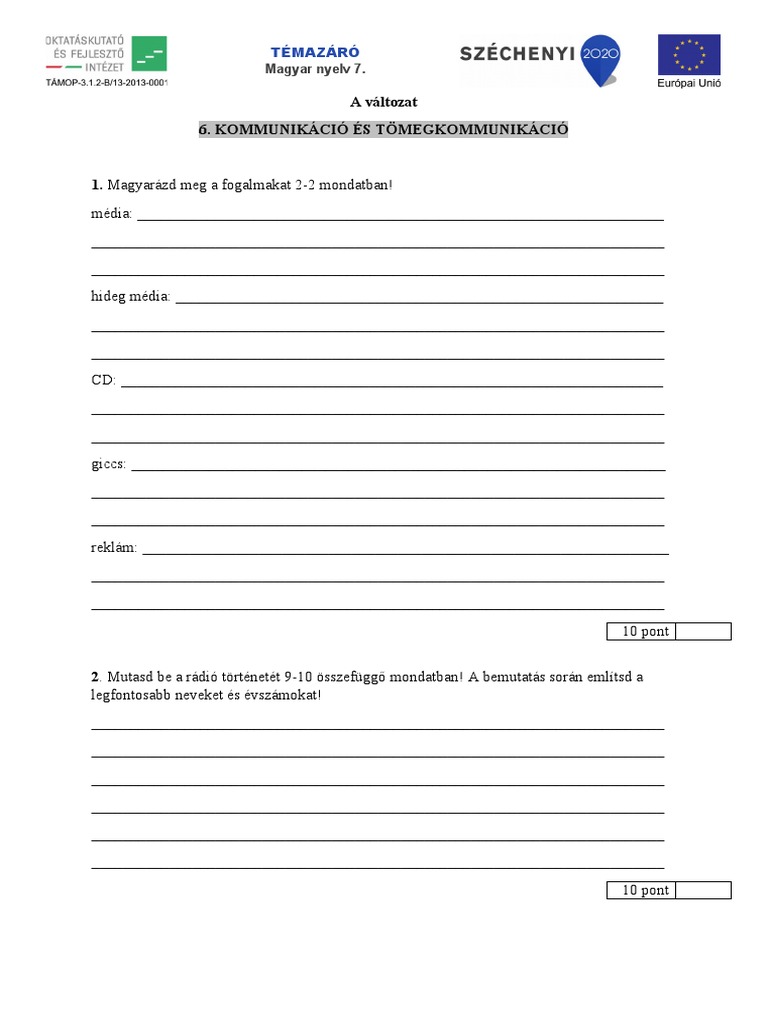 Magyar Nyelv 7 - 06 Fejezet AB Témazáró | PDF