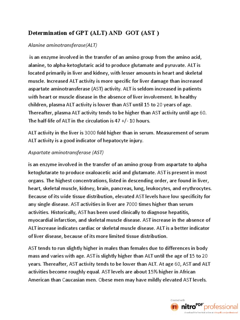 Determination of Liver Enzymes ALT and AST: A Comparison of Their ...