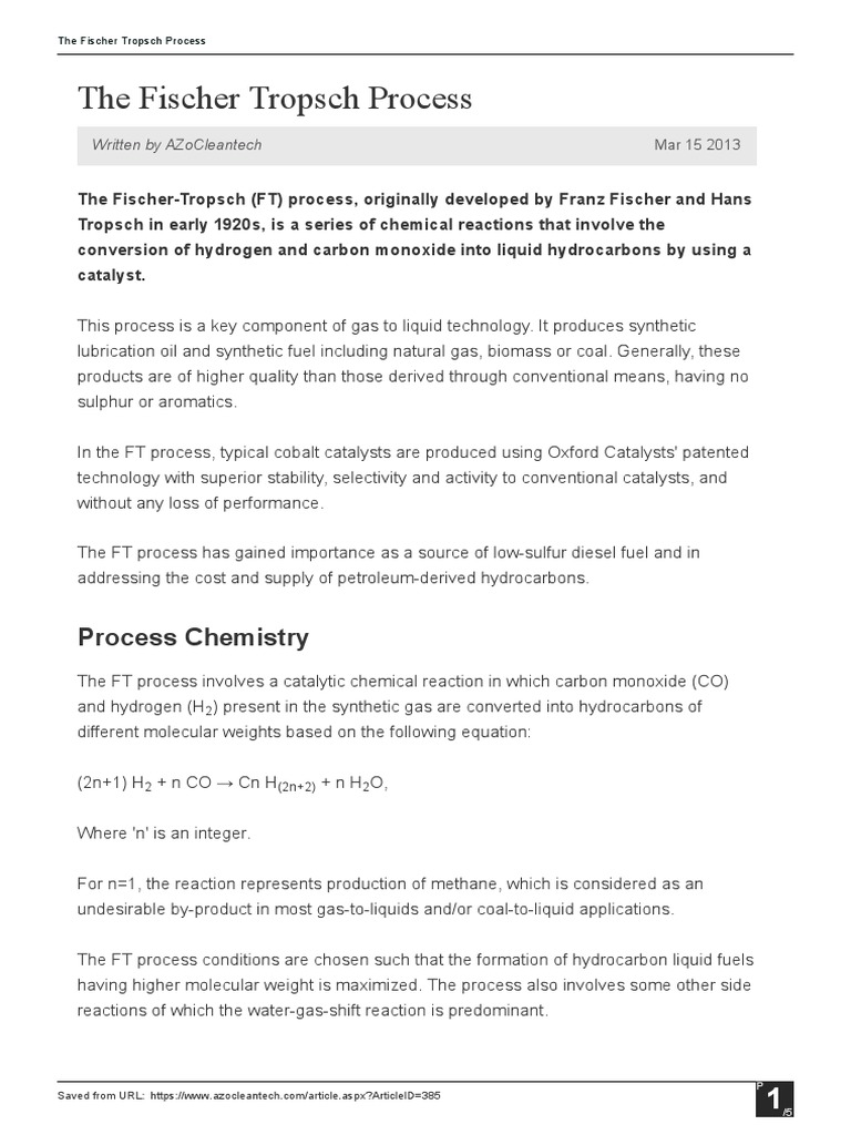 The Fischer Tropsch Process | PDF | Chemical Energy Sources | Physical ...
